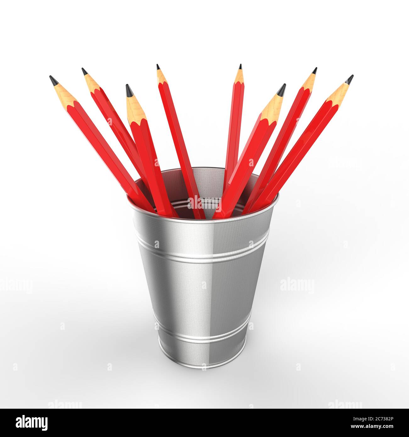 eight red coloured pencils in a small metal bucket on a white ...