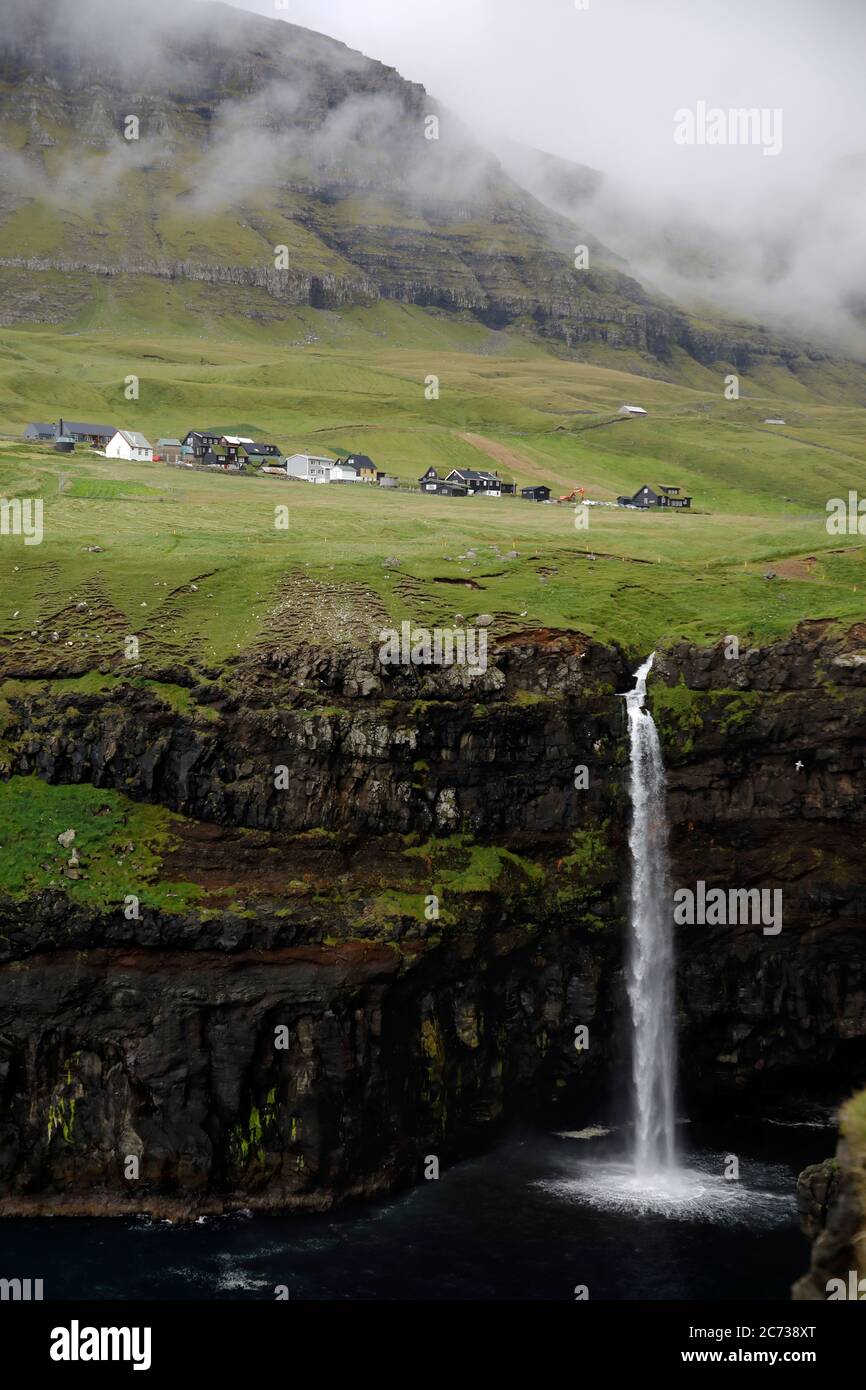 Múlafossur waterfall below the village of Gásadalur, Vágar, Faroe ...