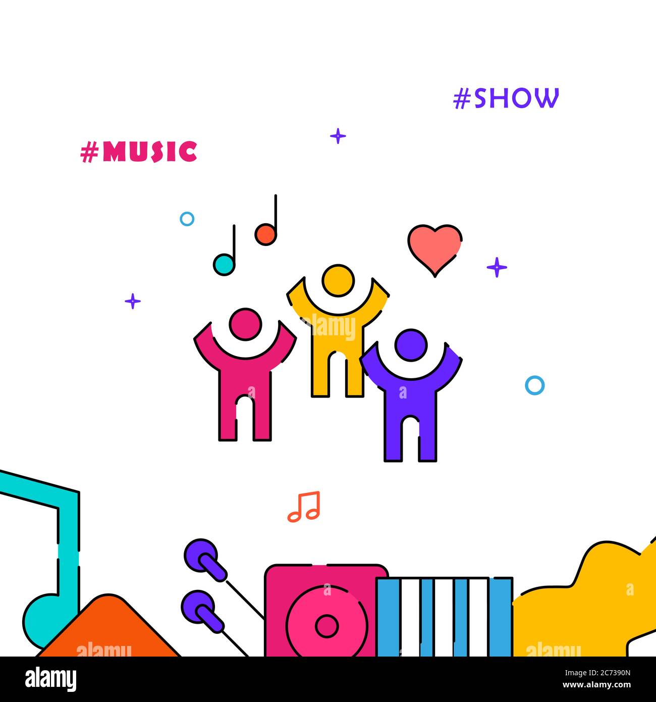 Concert, party, crowd, audience filled line vector icon, simple ...