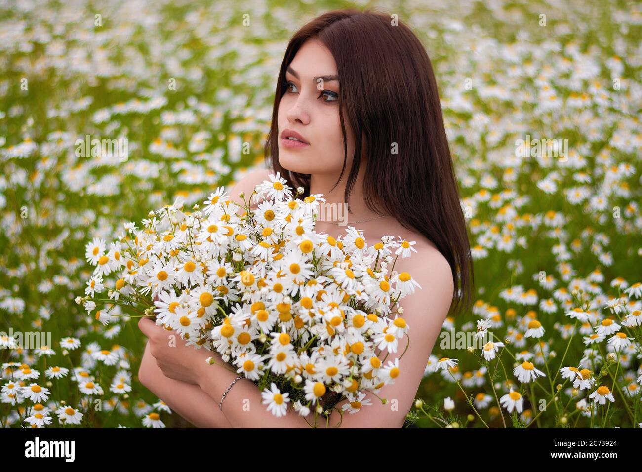 Beautiful Brunette Girl With A Bouquet Of Daisies Flowers On A Field