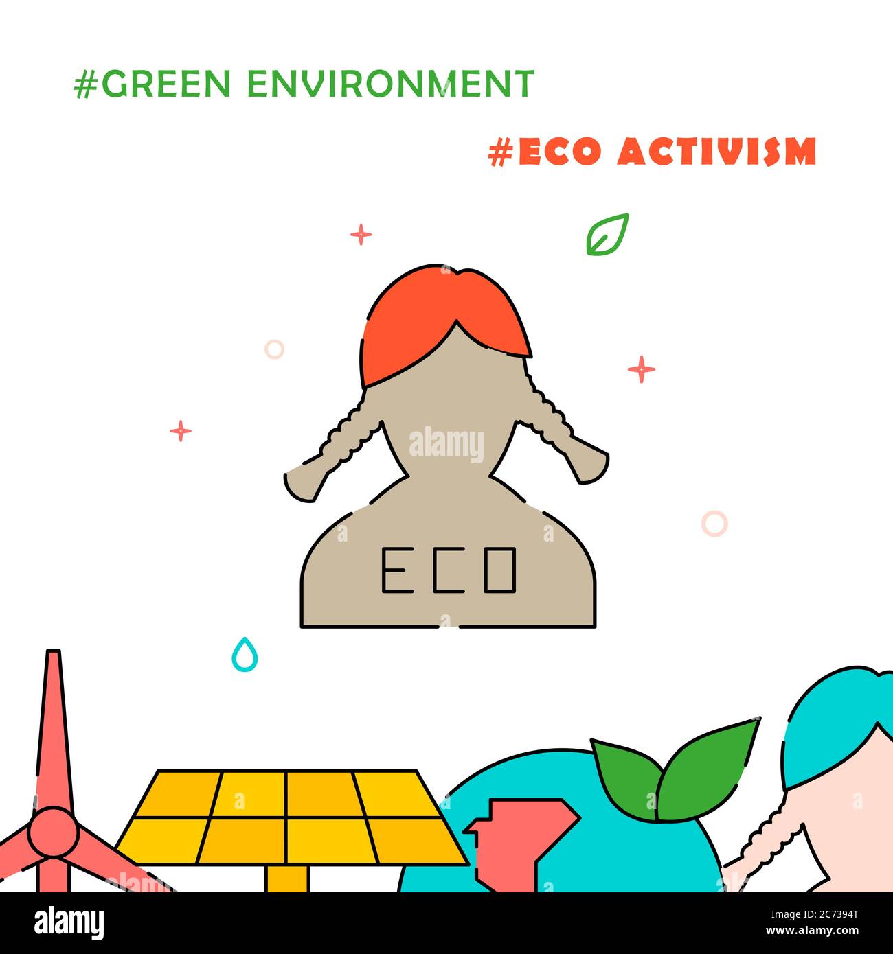 Eco activist, girl with pigtails filled line vector icon, simple ...