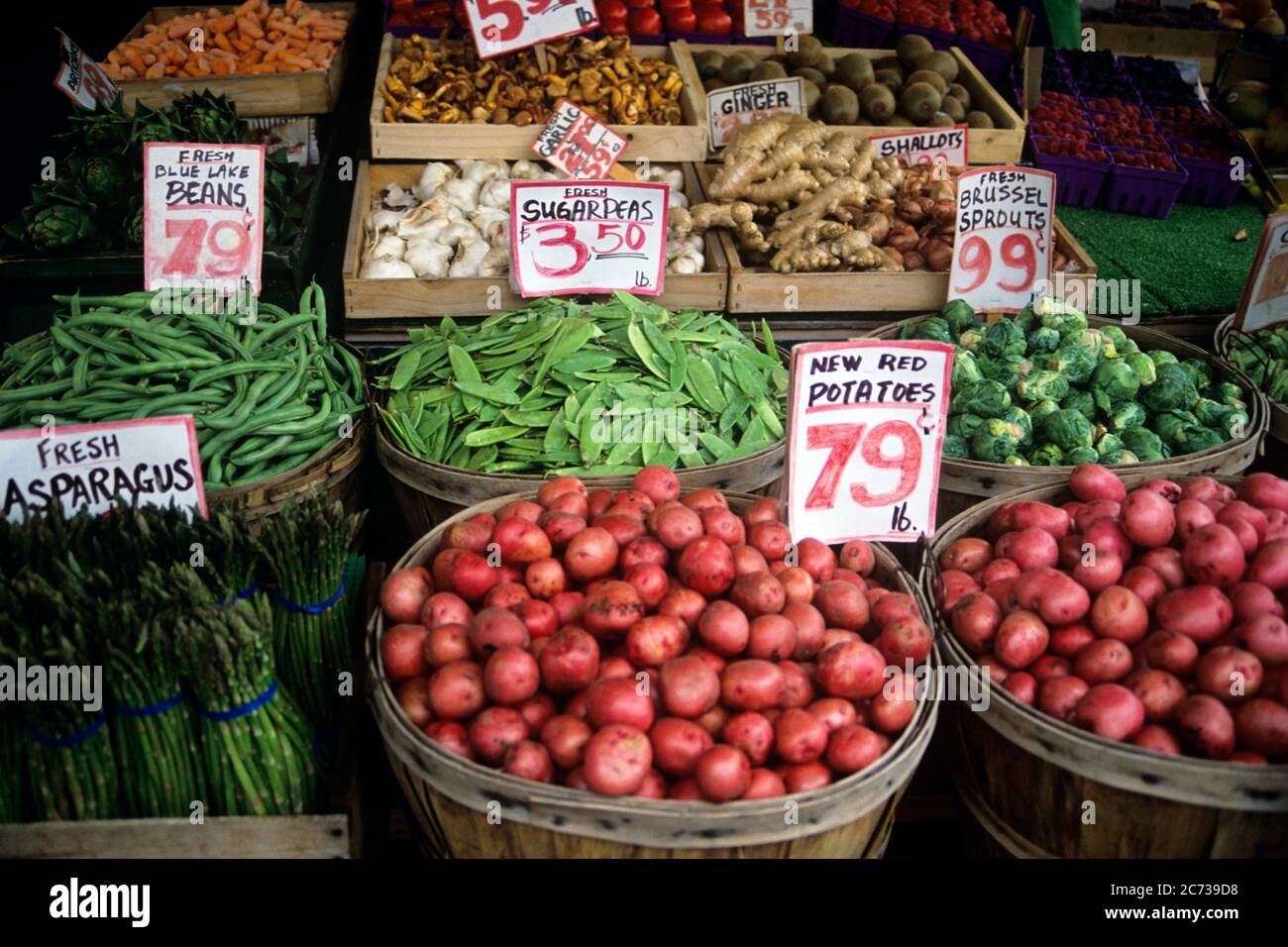 1990s FRESH VEGETABLES IN BINS AT FARMERS MARKET NEW RED POTATOES ...
