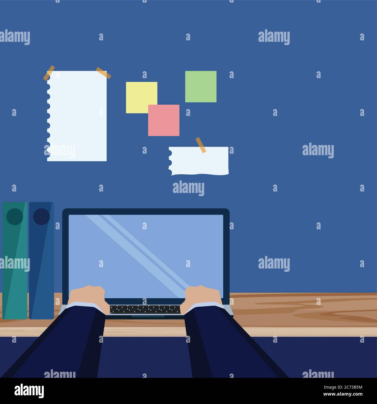 Hand type on the laptop many tasks on the wall sticky notes Stock ...