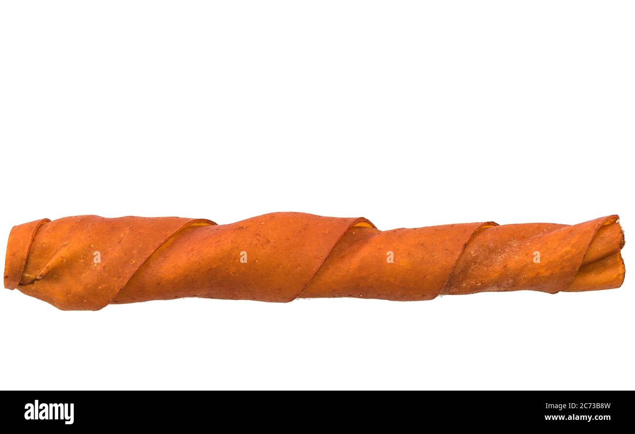 rawhide stick as dog treat on white background with copy space. Treat ...