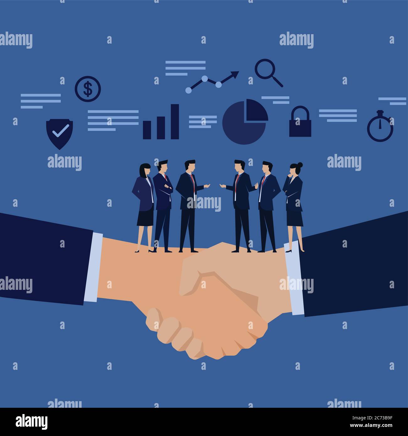 Businessman team hand shake negotiation with many charts behind ...