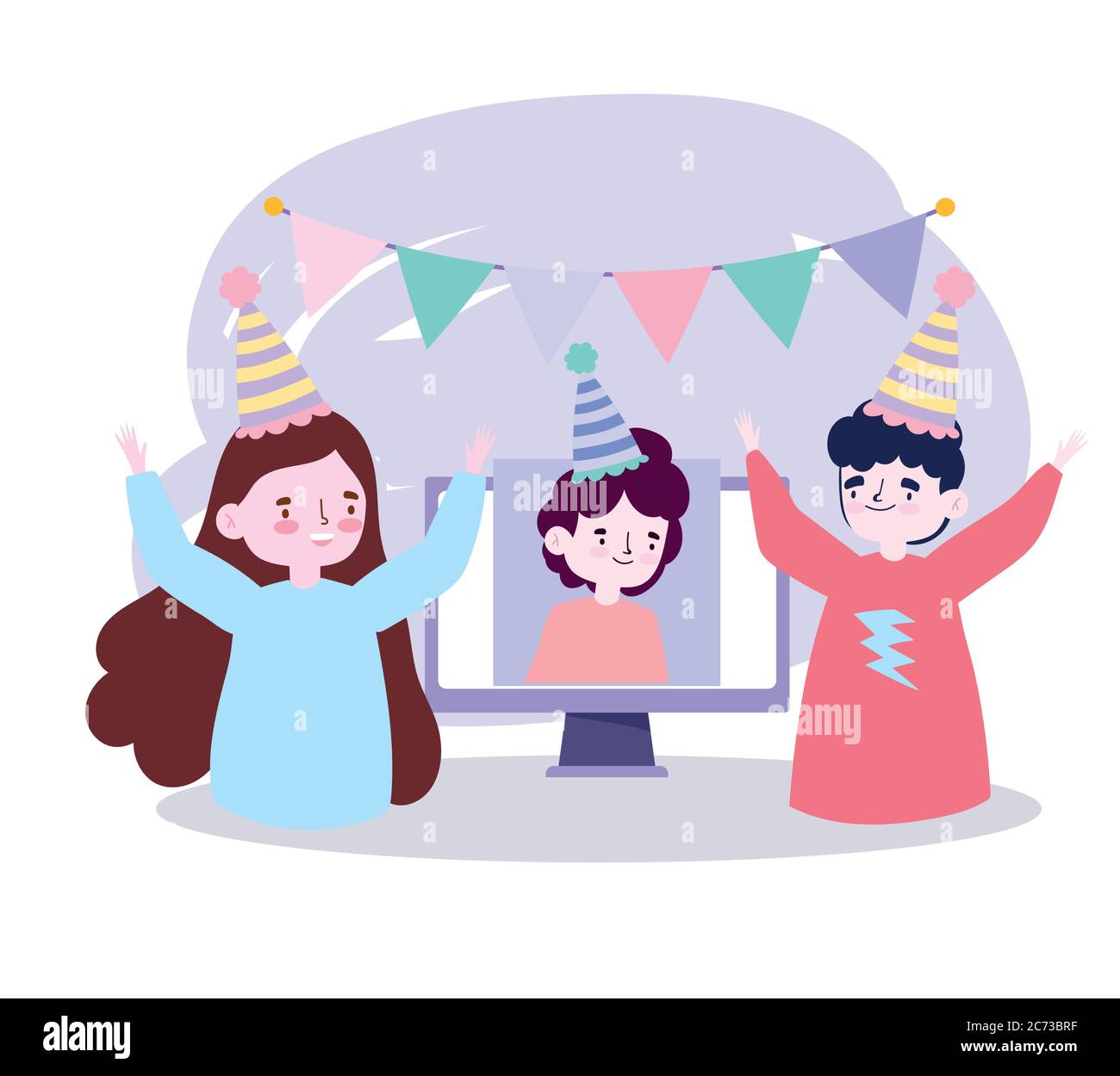 online party, meeting friends, couple and man on video birthday ...