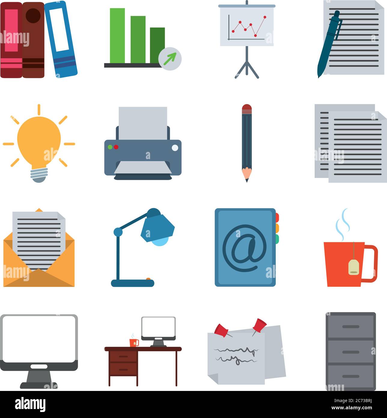 office supply stationery work business flat style icons set vector ...