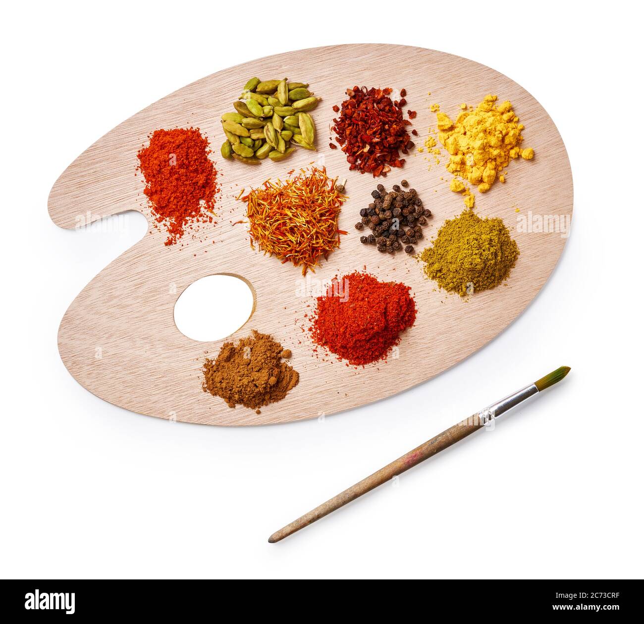 Set of spices on wooden board. Top view of palette with colorful spices ...