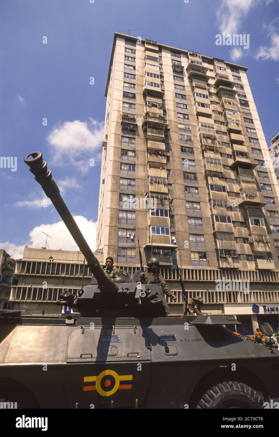 CARACAS, VENEZUELA, MARCH1989 - Soldiers in armored vehicles on street ...