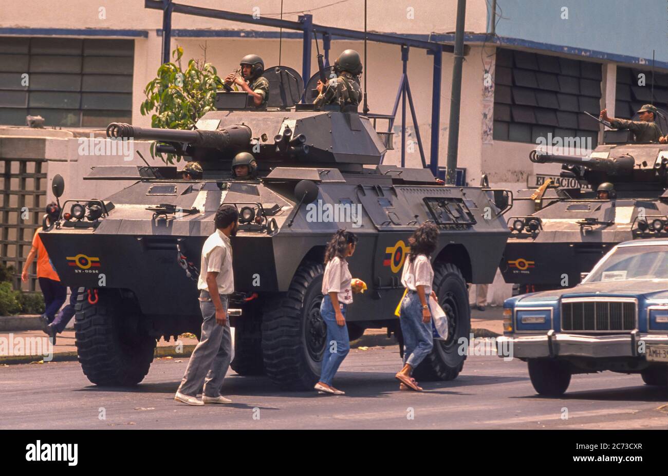 CARACAS, VENEZUELA, MARCH1989 - Soldiers in armored vehicles on street ...