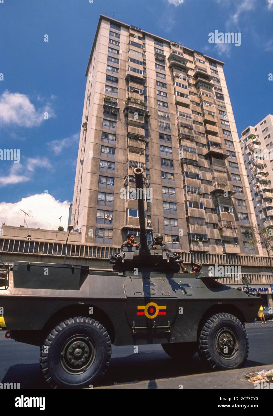 CARACAS, VENEZUELA, MARCH1989 - Soldiers in armored vehicles on street ...