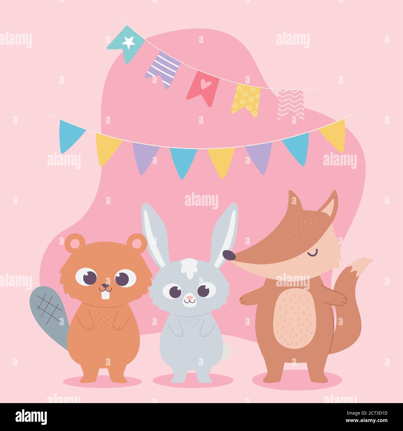 happy birthday, cute rabbit beaver and fox with pennants celebration ...