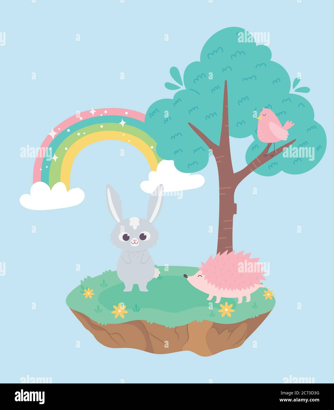 cute little rabbit and hedgehog bird in tree and rainbow animal cartoon ...