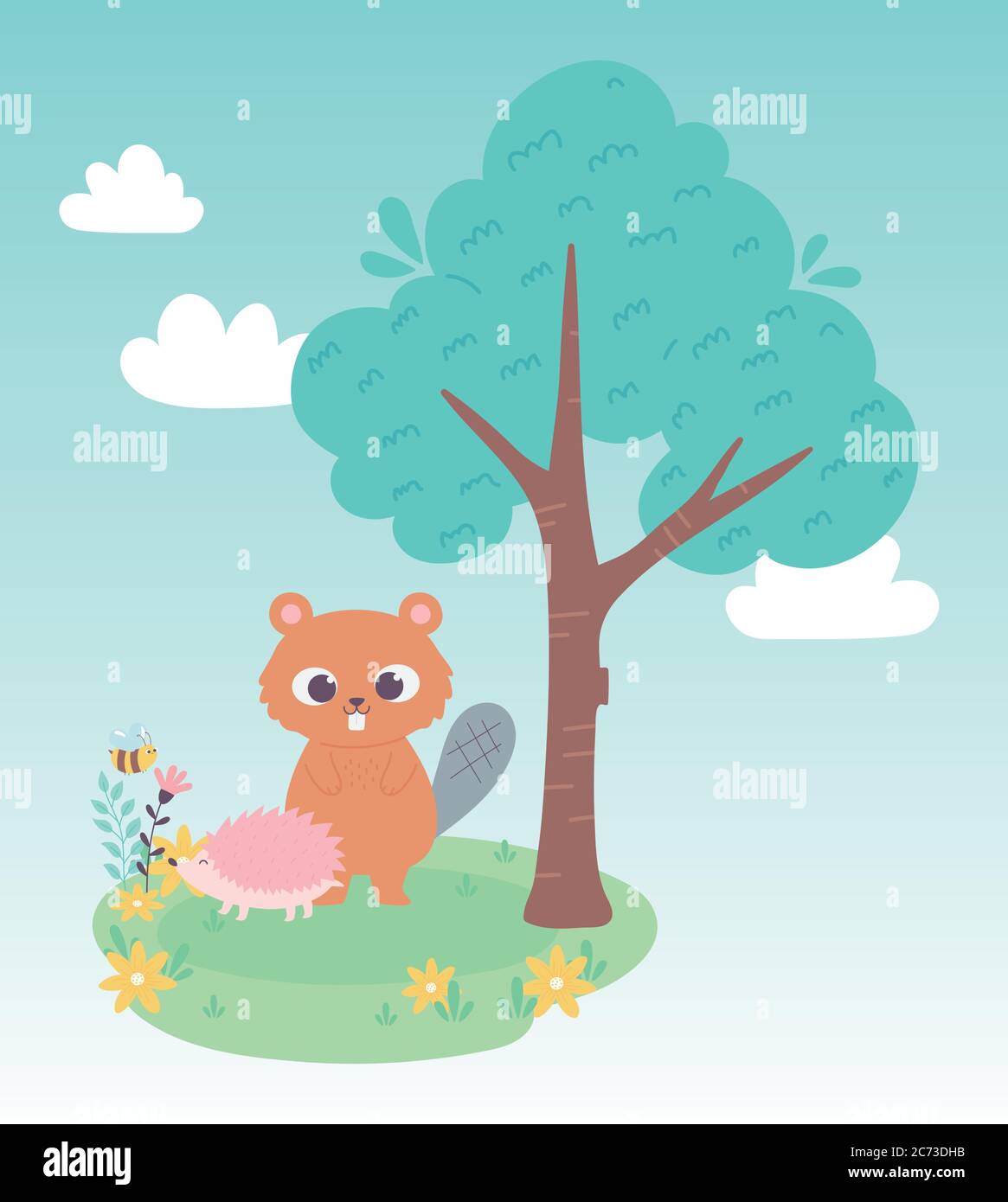 cute little beaver and hedgehog on grass with flowers and tree cartoon ...