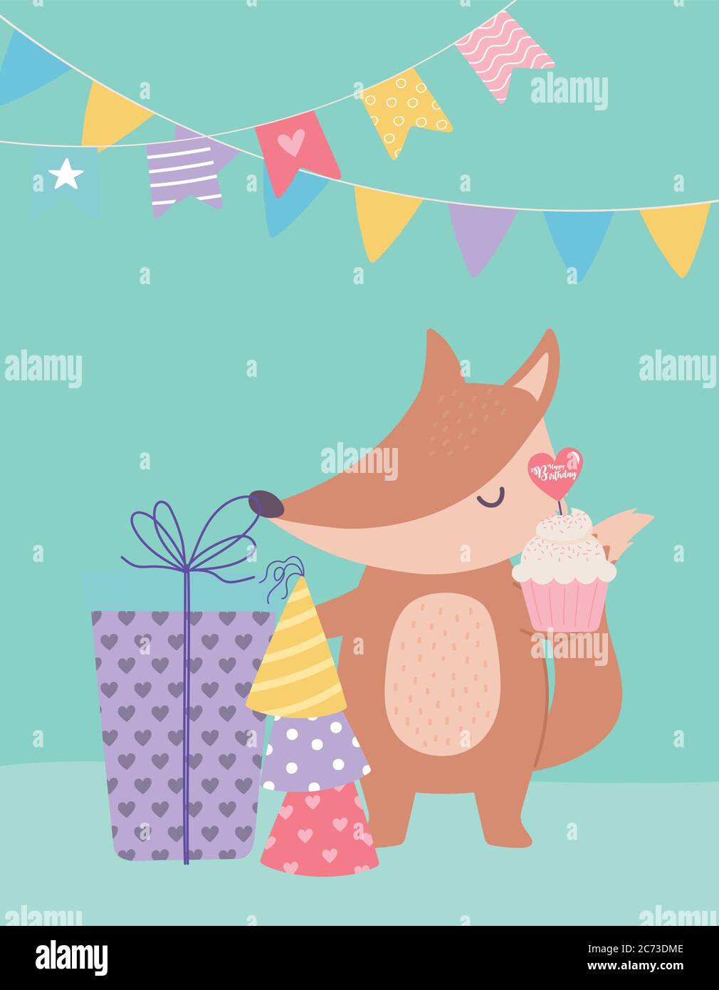 happy birthday, cute fox with cupcake gift and party hats celebration ...