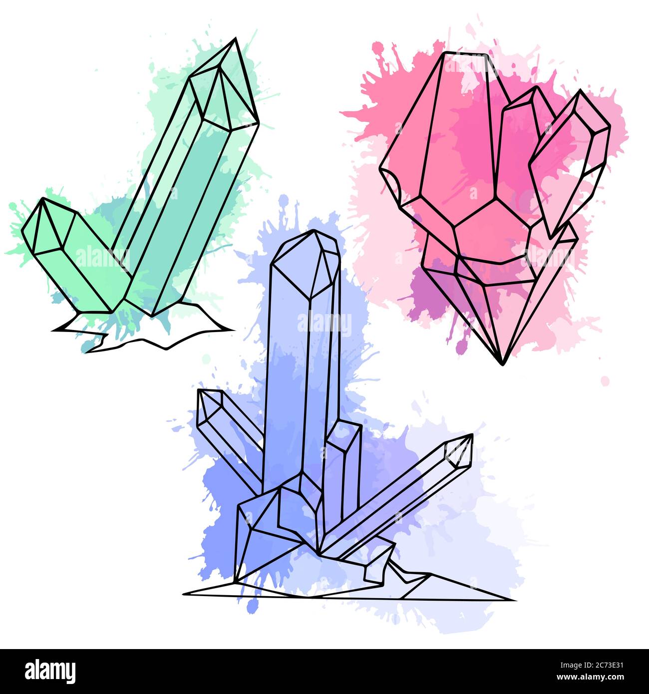 Set of various cartoon crystals with watercolor splashes. Vector ...