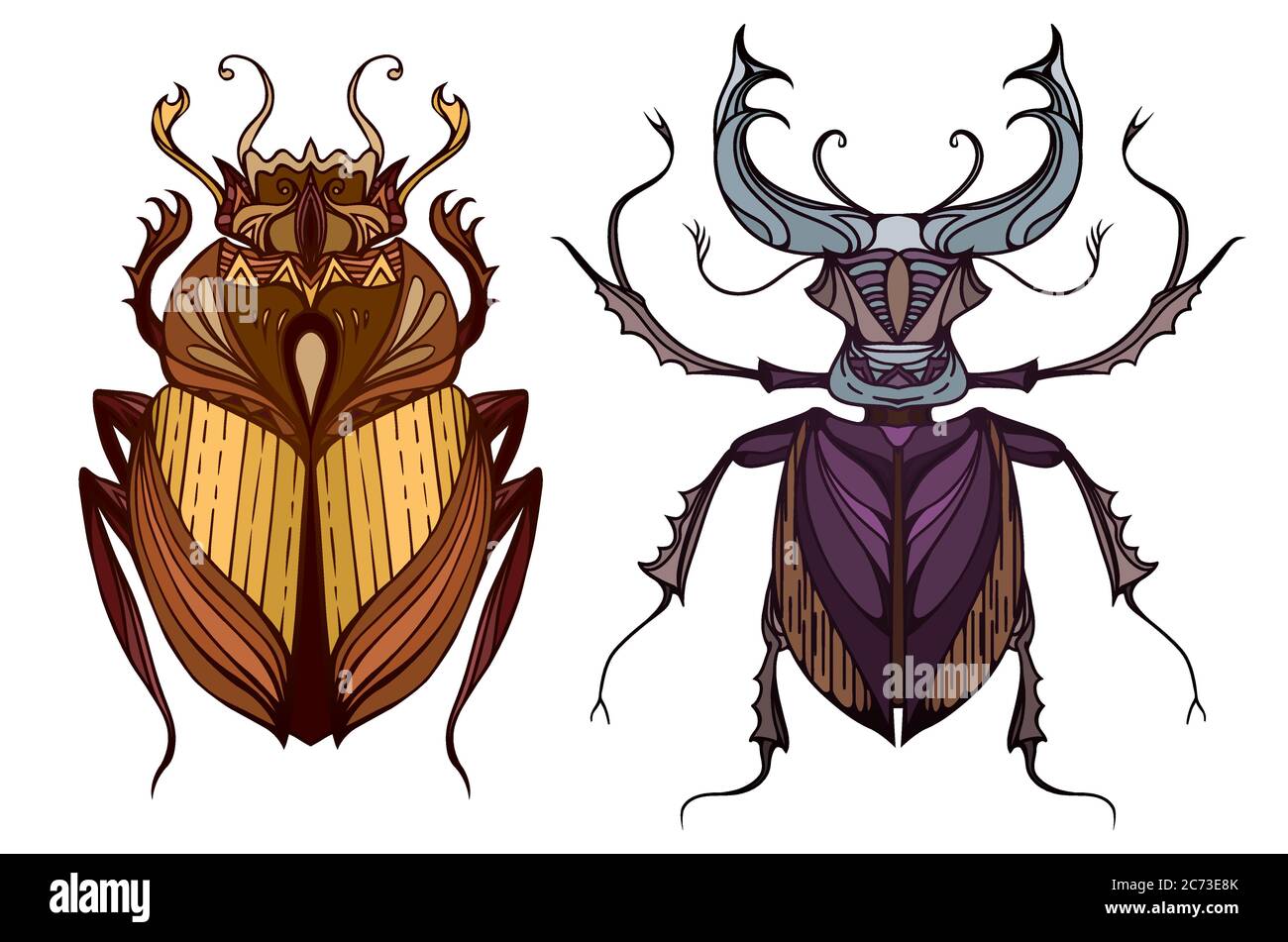 Insect set in color with a tribal pattern. Doodle scarab and beetle ...