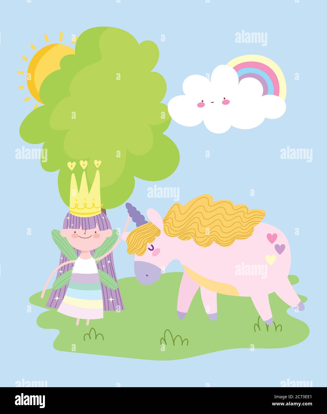 little fairy princess with adorable magic unicorn tale cartoon vector ...
