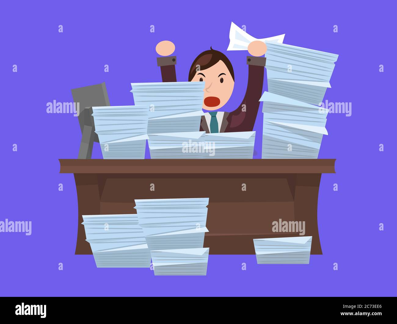 Flat illustration with evil workers in a suit at a table littered with ...