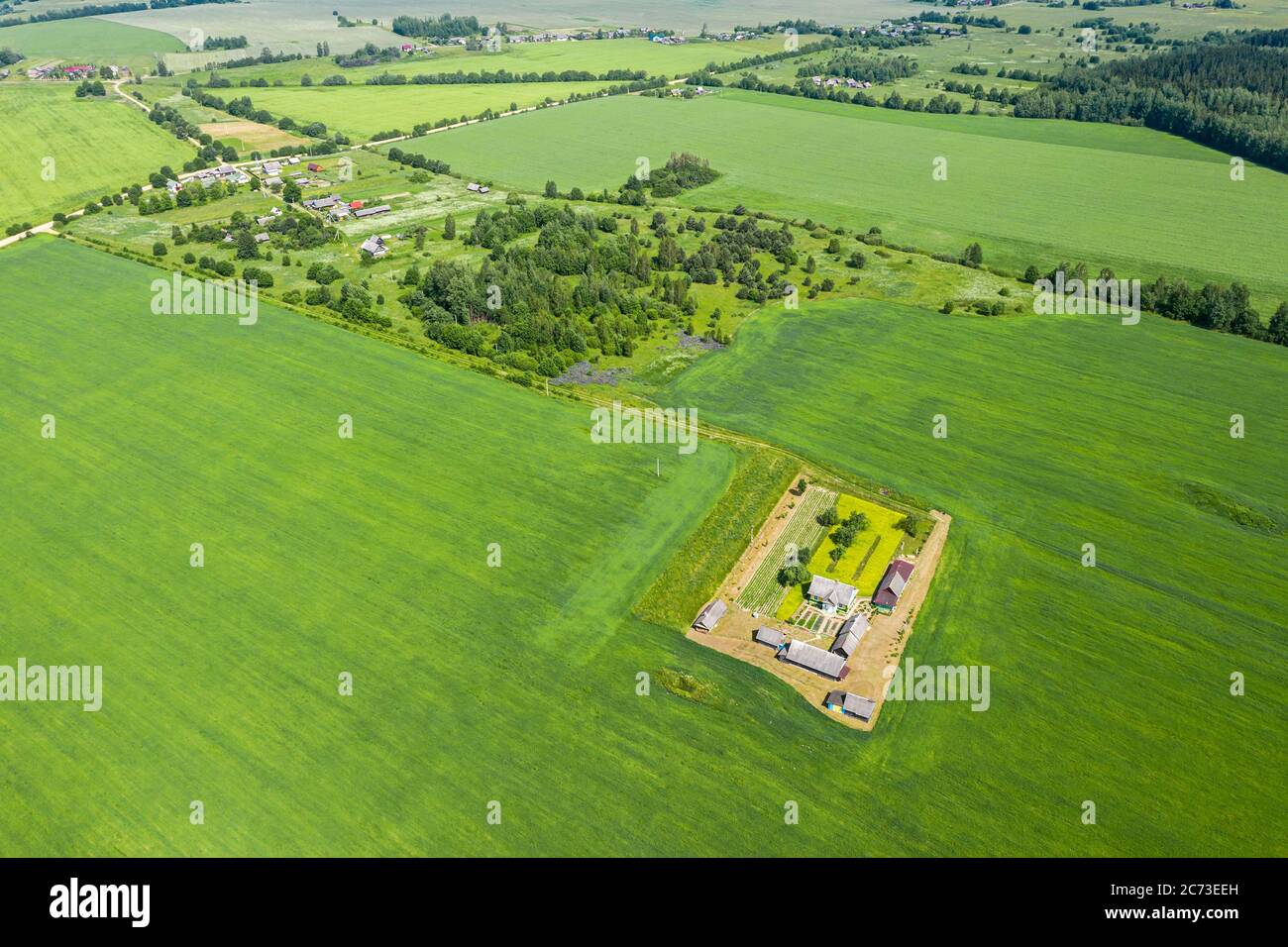 aerial view of rural landscape with small farm among green cultivated ...