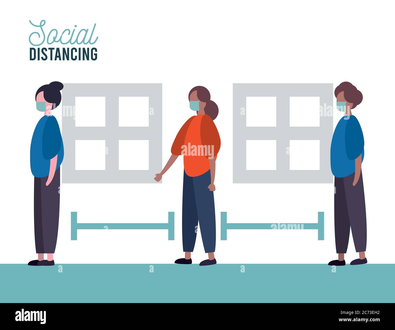 group of people wearing medical mask practicing social distance vector ...