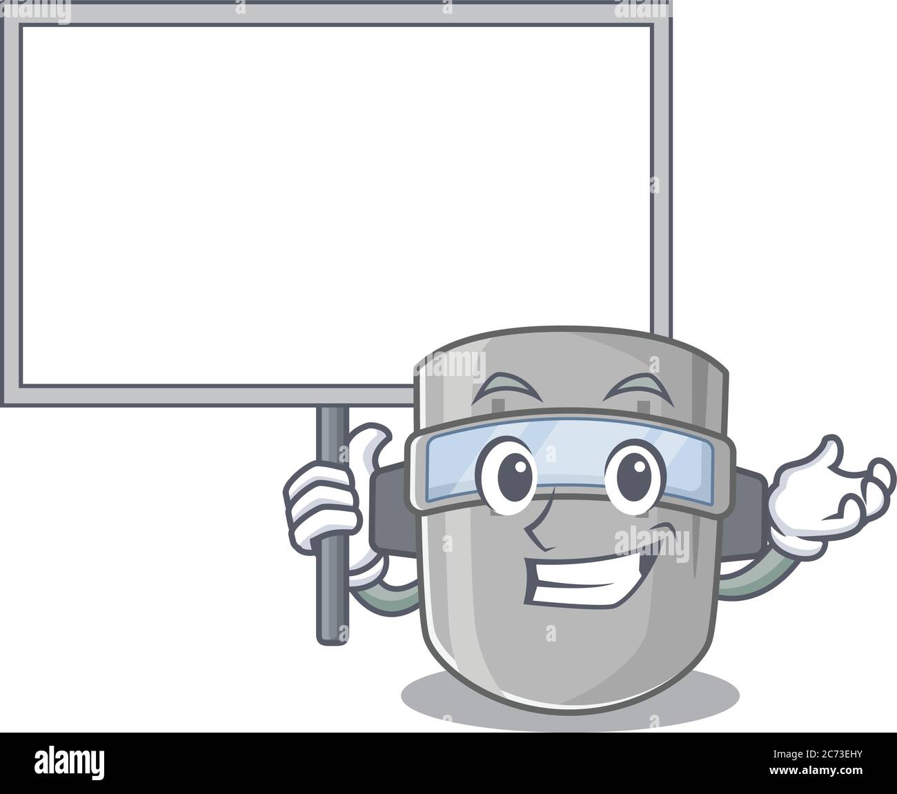 Cartoon picture of welding mask mascot design style carries a board ...