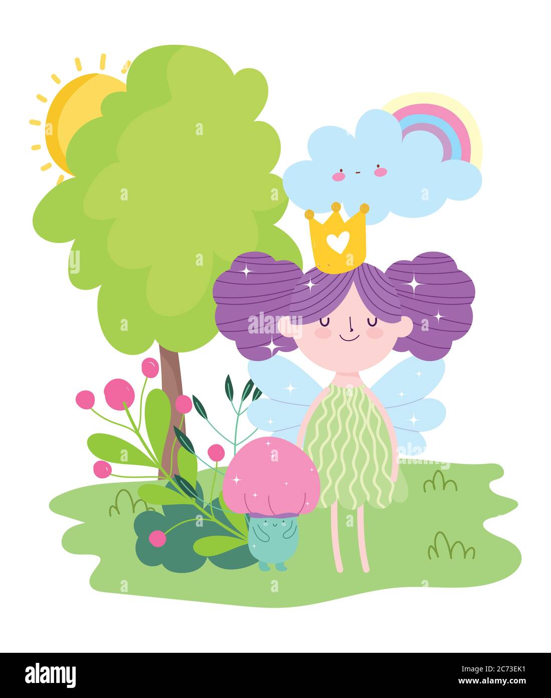 little fairy princess with crown mushroom rainbow tree tale cartoon ...