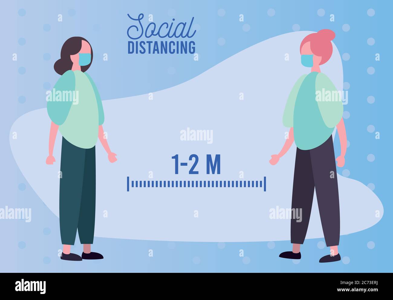 couple girls wearing medical mask practicing social distance vector ...