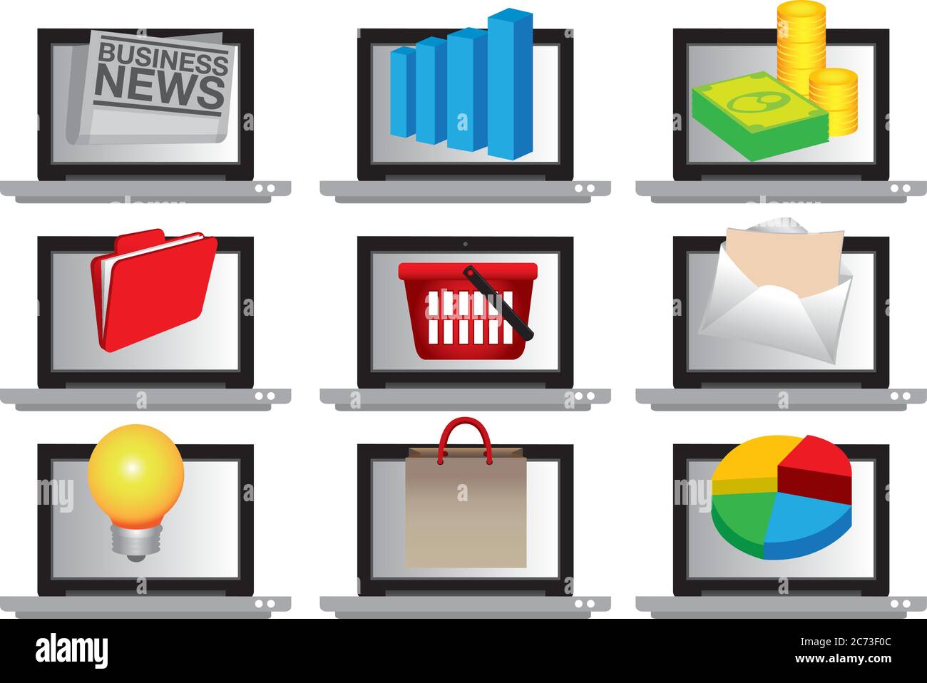 Vector illustration of business and commercial web icons coming out of ...