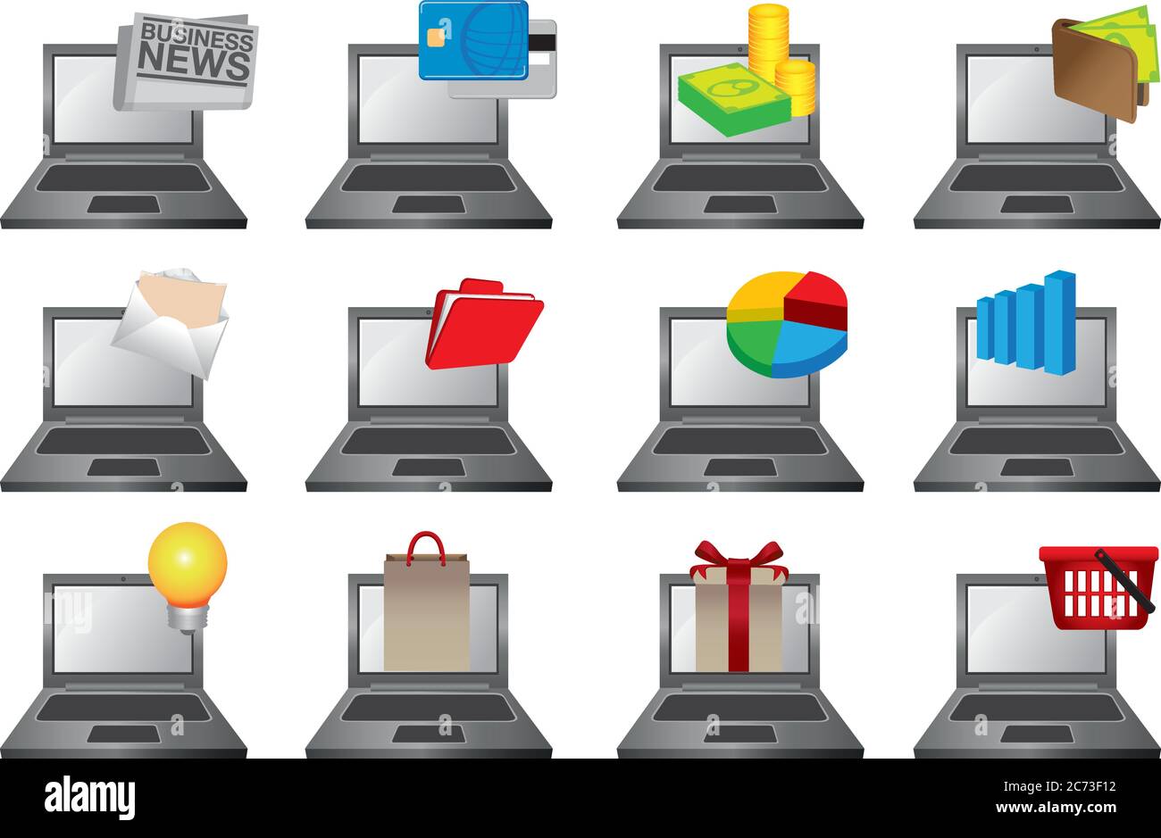 Vector illustration of laptop computers with colorful icons of ...