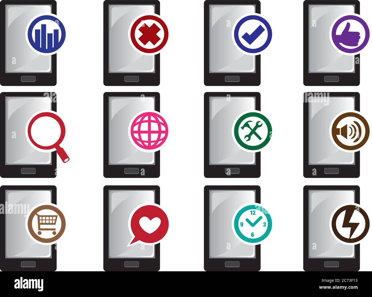 Vector icon of smart phones with different functions and applications ...