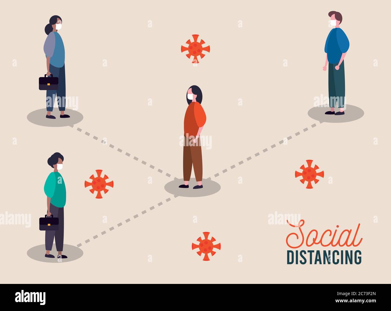 group of people wearing medical mask practicing social distance vector ...