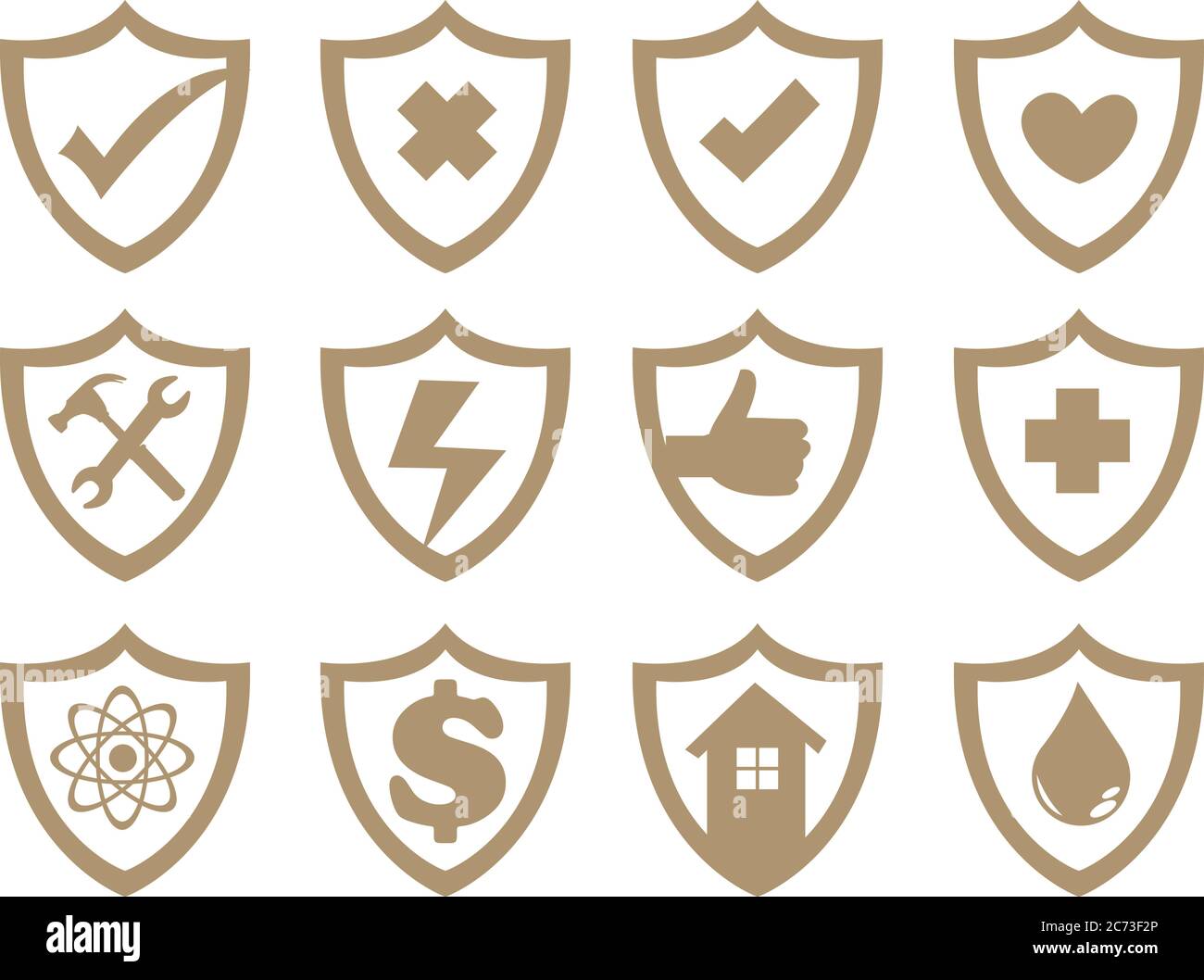 Vector graphic illustration of conceptual symbols in shield shape frame ...