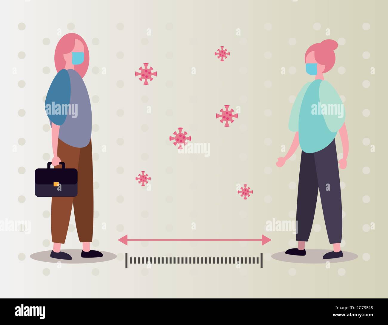 couple girls wearing medical mask practicing social distance vector ...