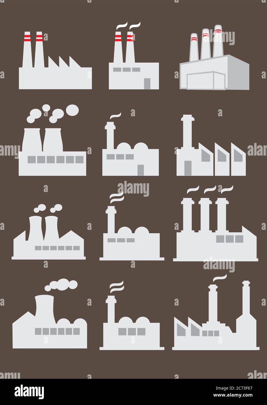 vector illustration of different design industrial factory with smoking ...