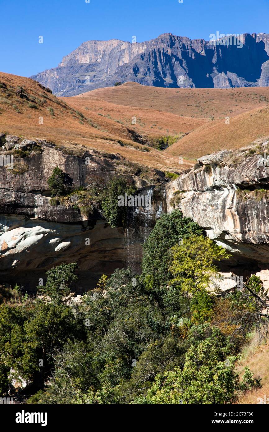 Drakensberg, distant view of "Eland cave" rock art site, Didima gorge ...