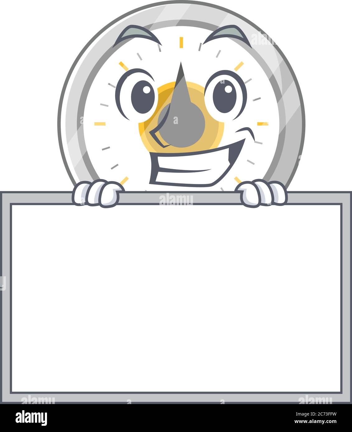 Funny cartoon design style old kitchen timer standing behind a board ...