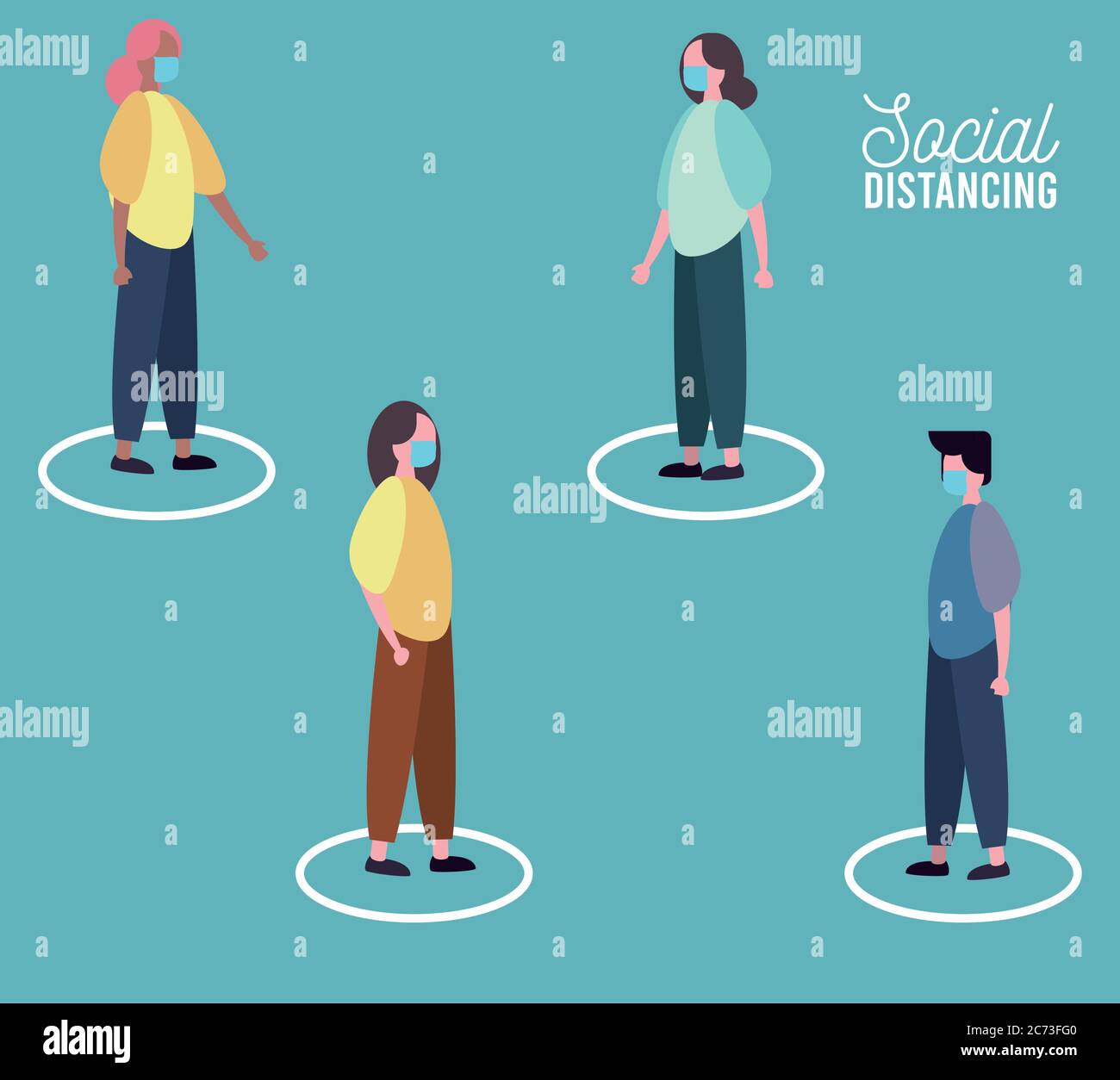 group of people wearing medical mask practicing social distance vector ...