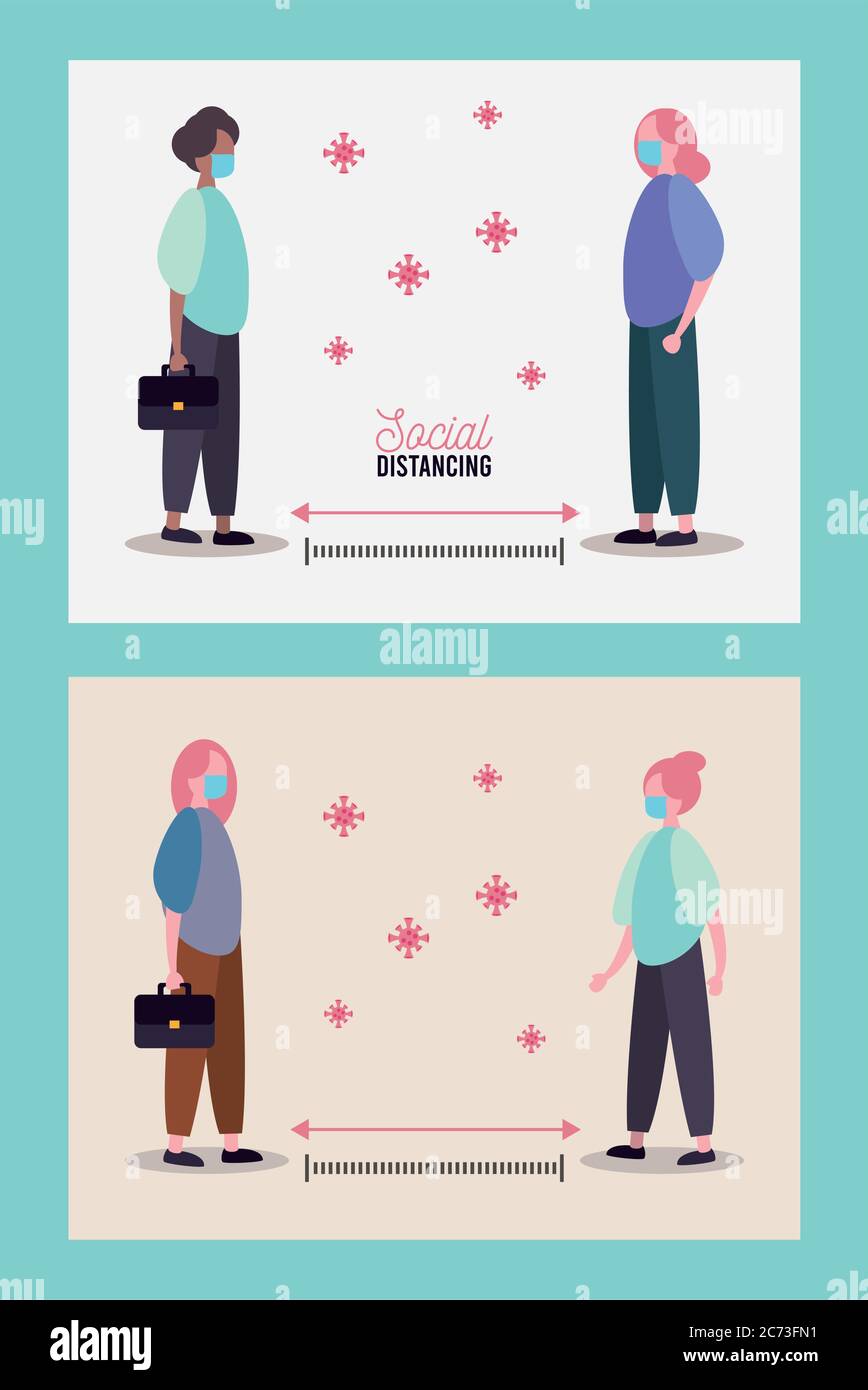 group of people wearing medical mask practicing social distance vector ...