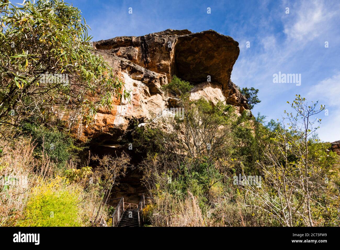 Drakensberg, distant view of "Main cave" rock art site, Giants Castle ...