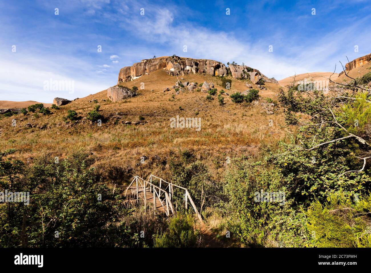 Drakensberg, distant view of "Main cave" rock art site, Giants Castle ...