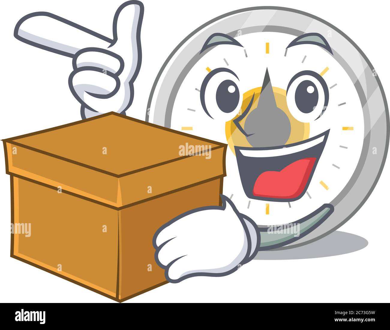 A smiling old kitchen timer cartoon mascot style having a box Stock ...