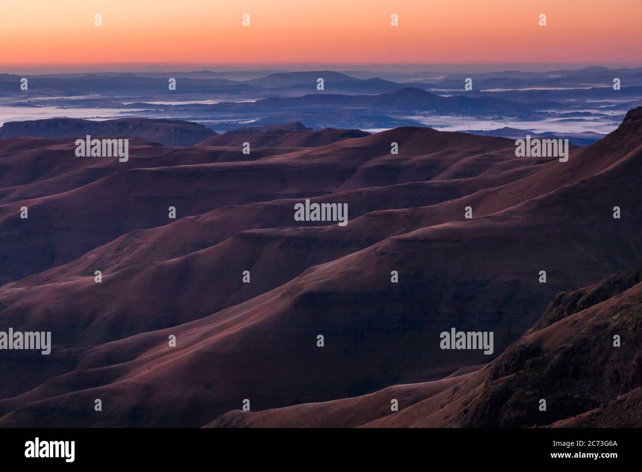 Drakensberg, morning view of mountains from Lesotho side, at Sani Top ...