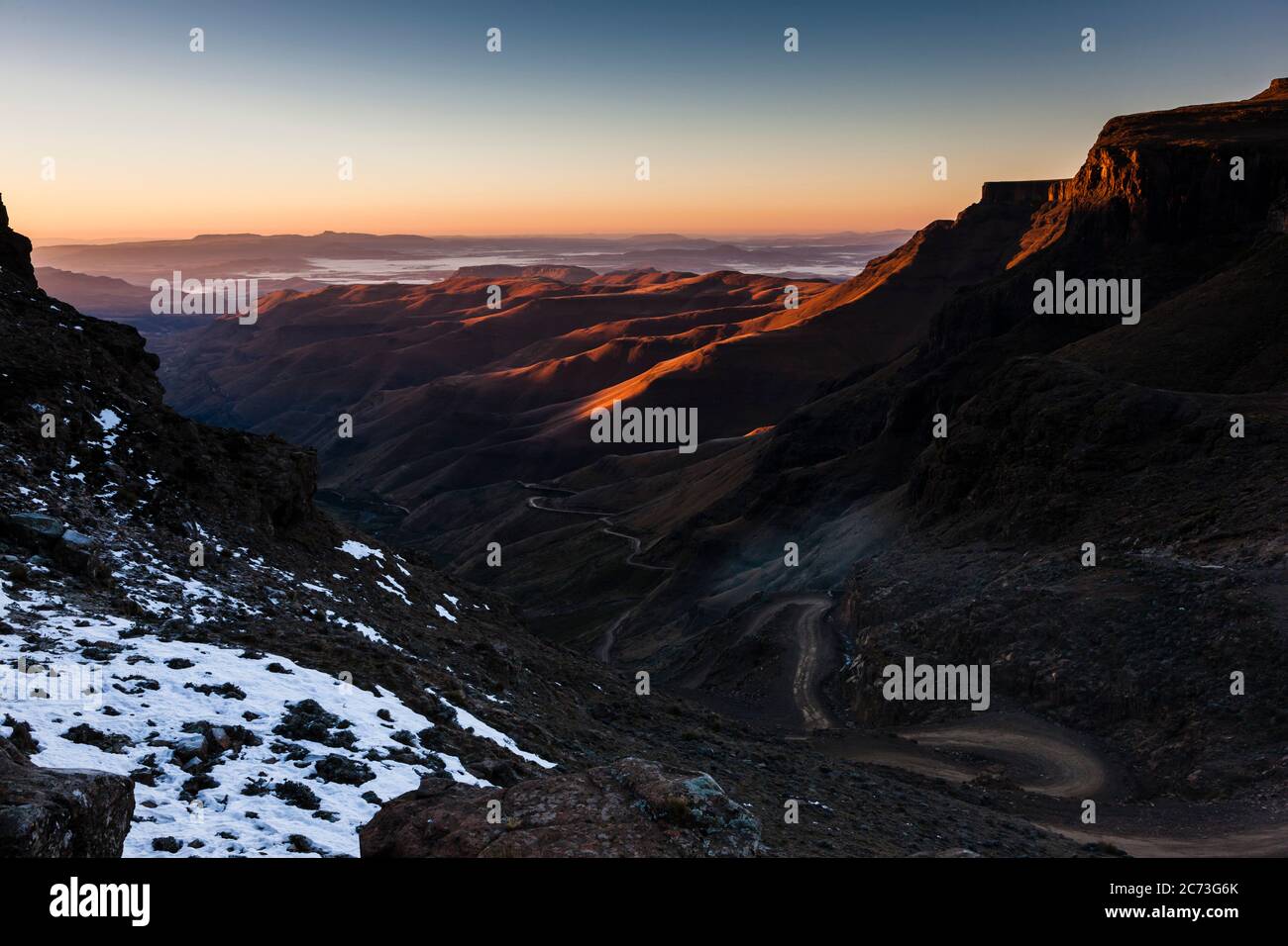 Drakensberg, morning view of mountains from Lesotho side, at Sani Top ...