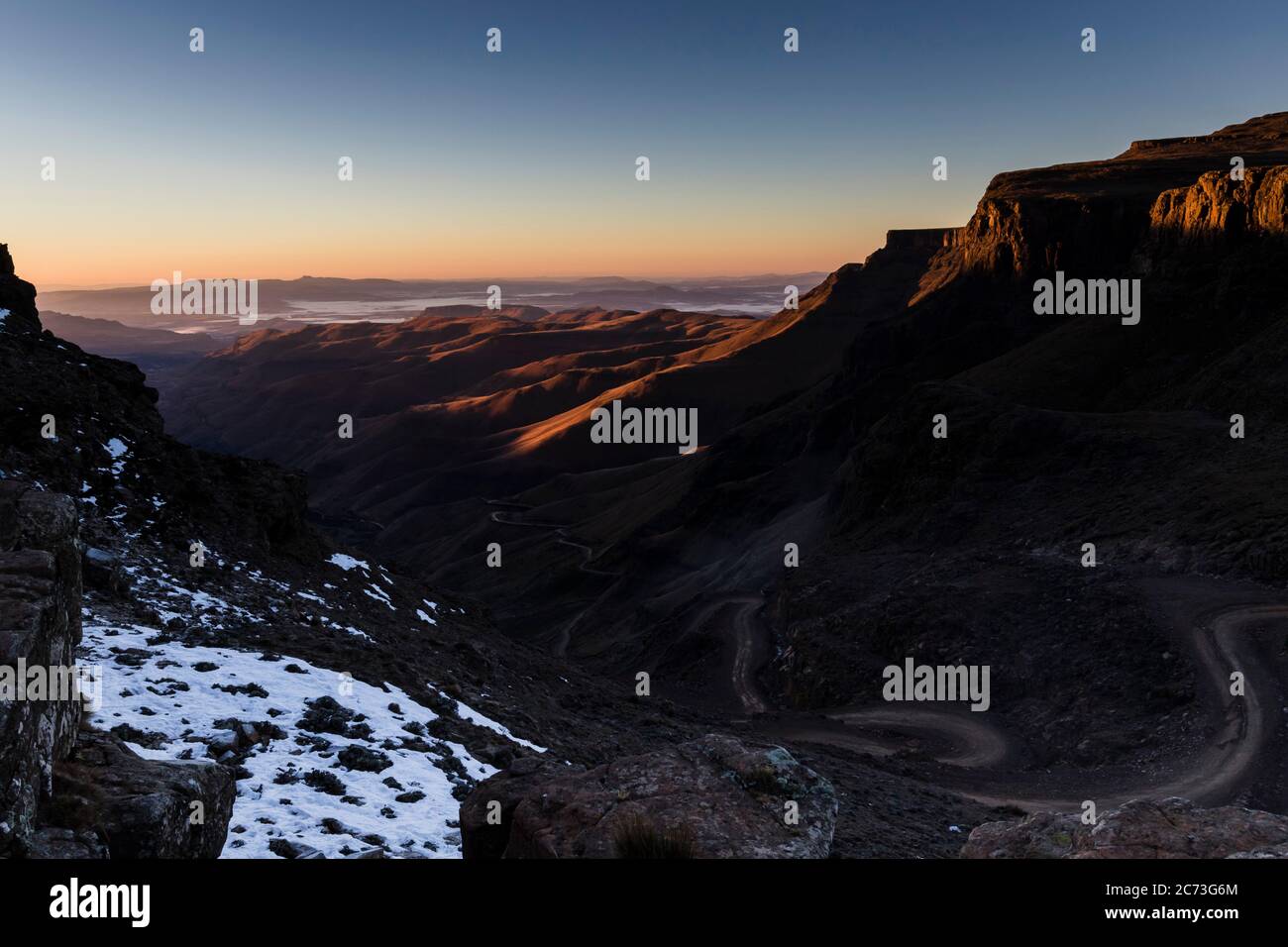 Drakensberg, morning view of mountains from Lesotho side, at Sani Top ...