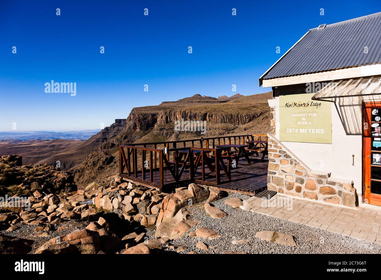 Drakensberg, view of mountains and valley from Lesotho side, at Sani ...