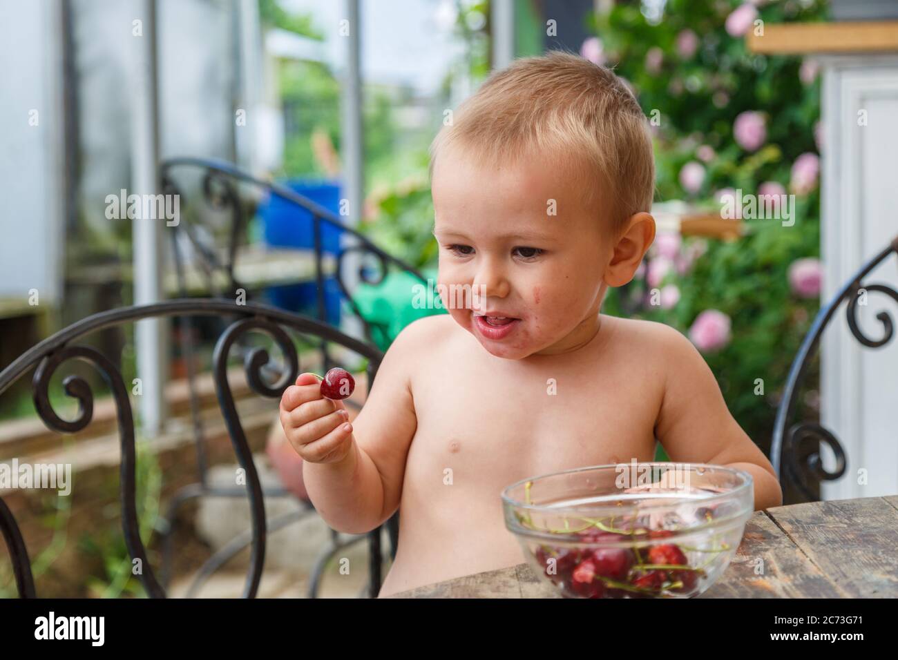 Cute happy boy eating sweet cherry, outdoor in garden Stock Photo - Alamy