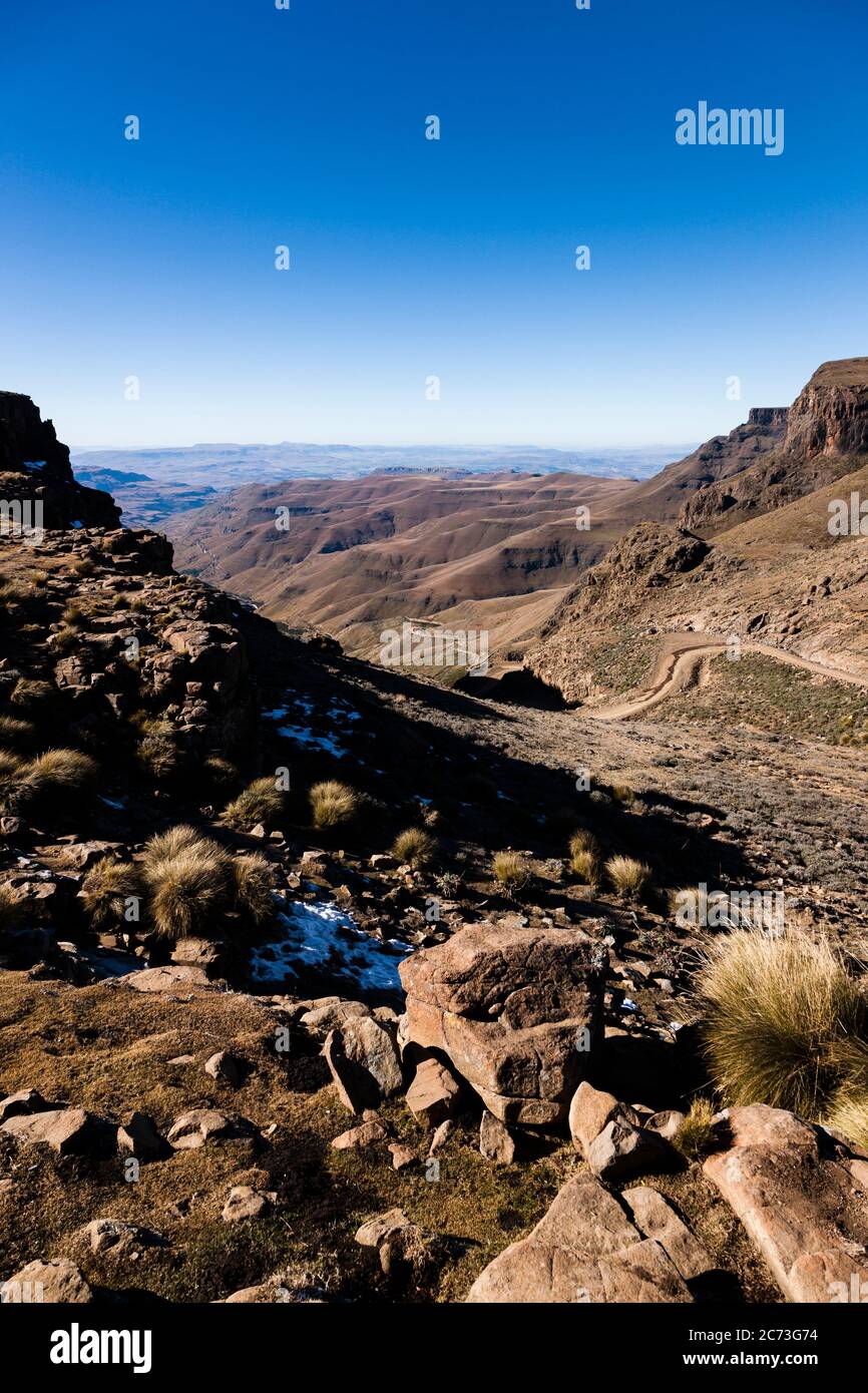 Drakensberg, view of mountains and valley from Lesotho side, at Sani ...
