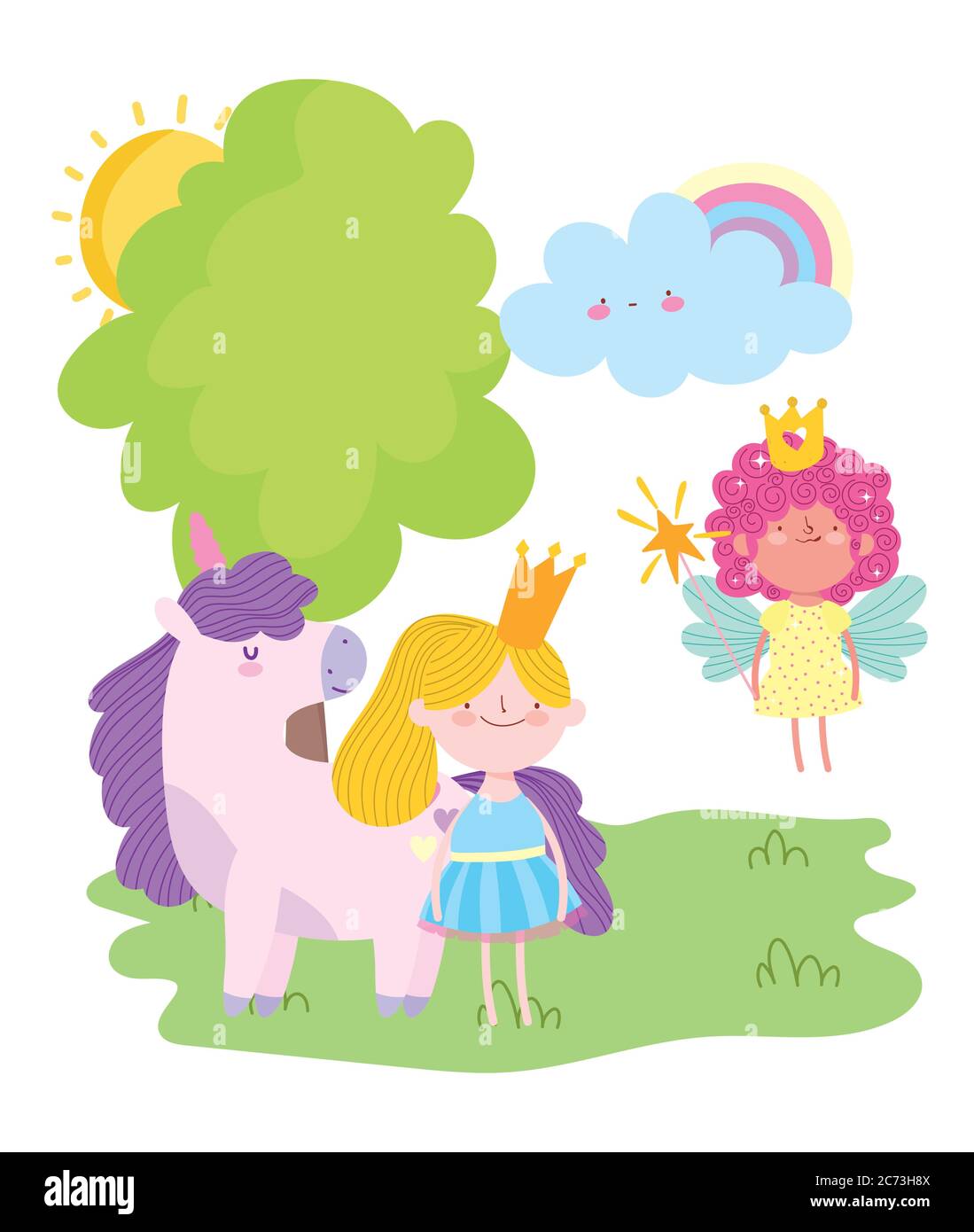 flying little fairy princess girl with crown and unicorn tale cartoon ...