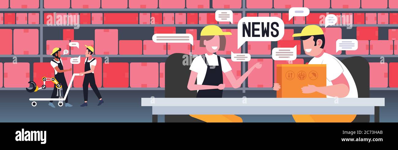 warehouse workers chatting during meeting discussing daily news chat ...